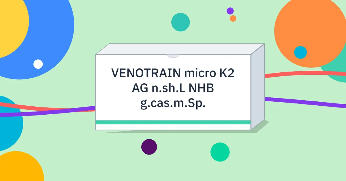 Symbolbild: Packung mit der Aufschrift VENOTRAIN micro K2 AG n.sh.L NHB g.cas.m.Sp. (PZN 20759218) – Verfügbarkeit und Bezug in Apotheken in Frankfurt am Main