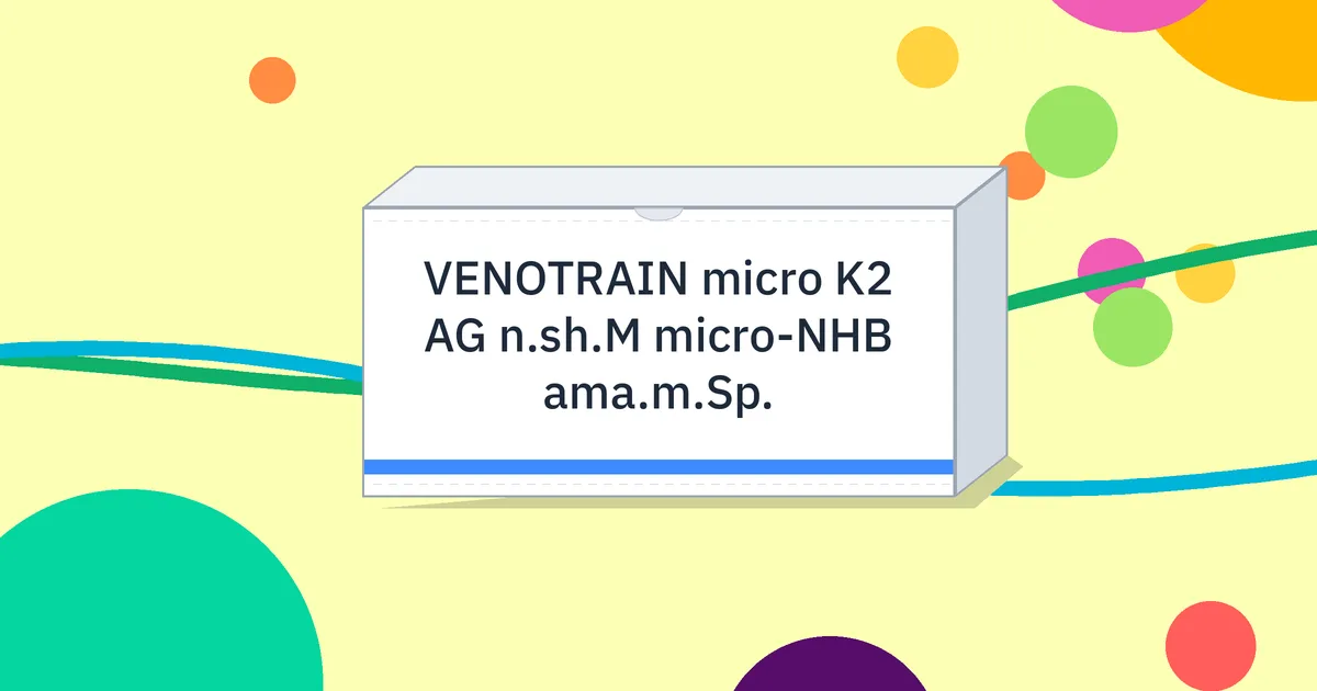 Symbolbild: Packung mit der Aufschrift VENOTRAIN micro K2 AG n.sh.M micro-NHB ama.m.Sp. (PZN 16065668) – Verfügbarkeit und Bezug in Apotheken in Frankfurt am Main