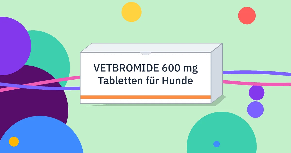 Symbolbild: Packung mit der Aufschrift VETBROMIDE 600 mg Tabletten für Hunde (PZN 19491934) – Verfügbarkeit und Bezug in Apotheken in Frankfurt am Main