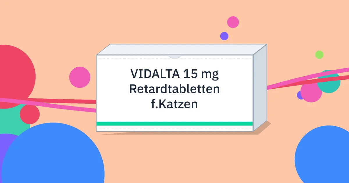Symbolbild: Packung mit der Aufschrift VIDALTA 15 mg Retardtabletten f.Katzen (PZN 09732271) – Verfügbarkeit und Bezug in Apotheken in Frankfurt am Main