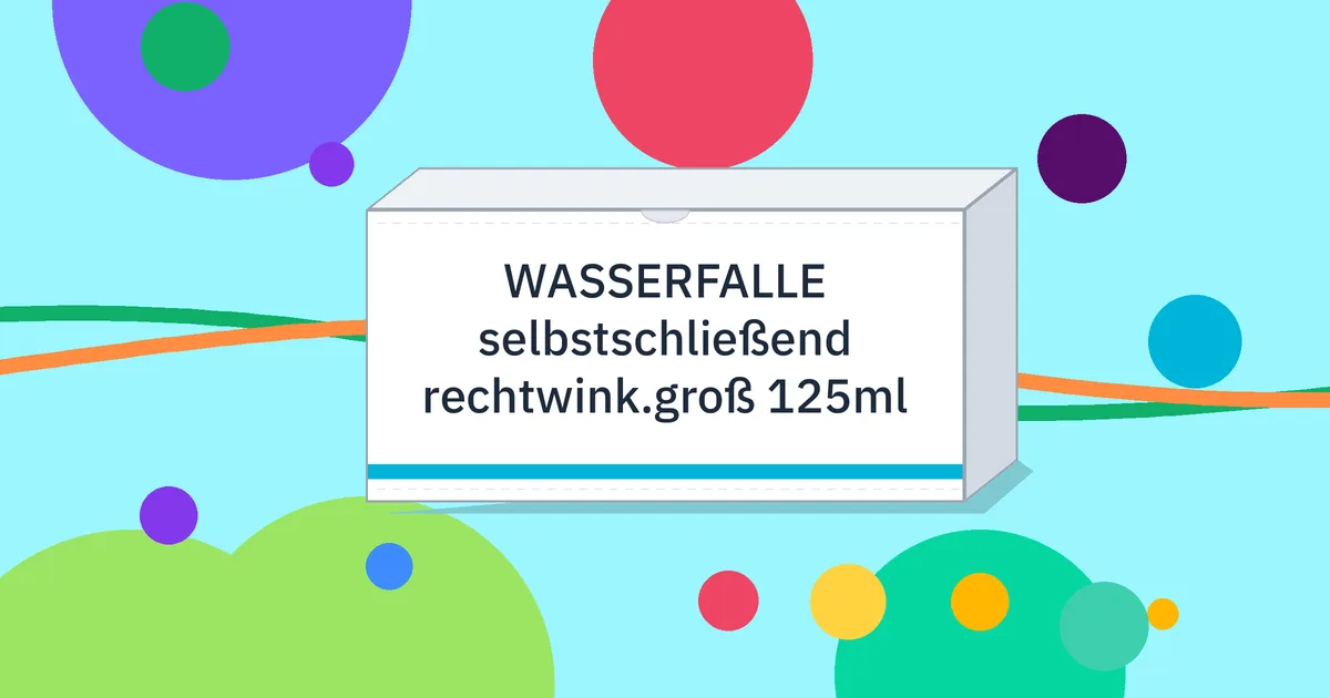 Symbolbild: Packung mit der Aufschrift WASSERFALLE selbstschließend rechtwink.groß 125ml (PZN 17431721) – Verfügbarkeit und Bezug in Apotheken in Frankfurt am Main