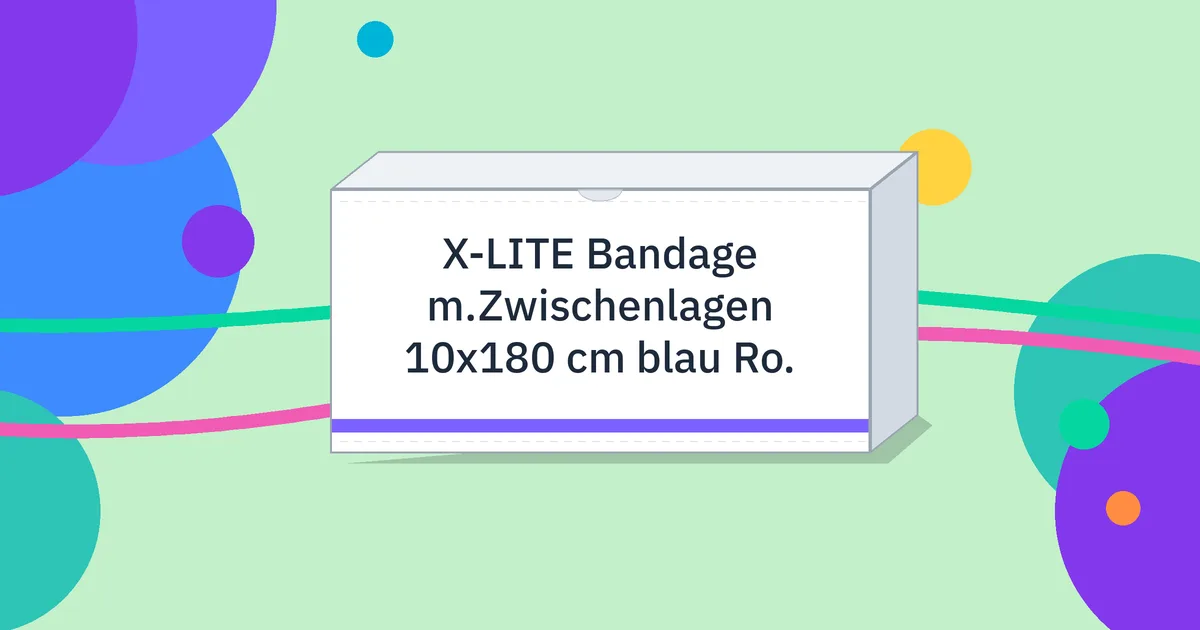 Symbolbild: Packung mit der Aufschrift X-LITE Bandage m.Zwischenlagen 10x180 cm blau Ro. (PZN 02467110) – Verfügbarkeit und Bezug in Apotheken in Frankfurt am Main
