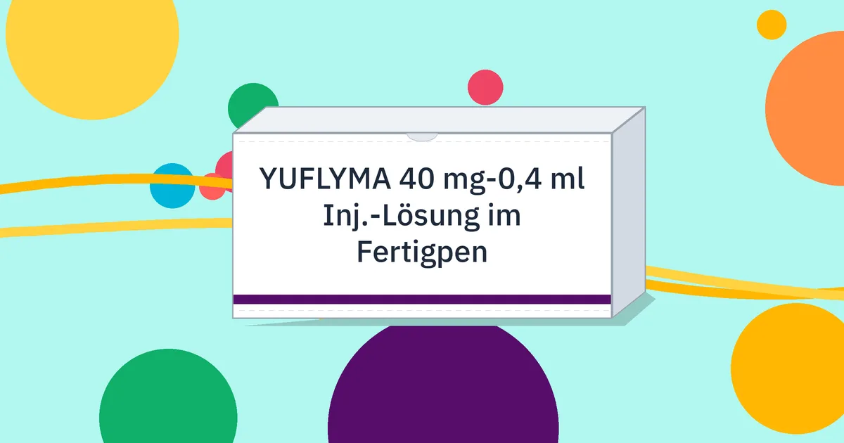 Symbolbild: Packung mit der Aufschrift YUFLYMA 40 mg-0,4 ml Inj.-Lösung im Fertigpen (PZN 20056422) – Verfügbarkeit und Bezug in Apotheken in Frankfurt am Main
