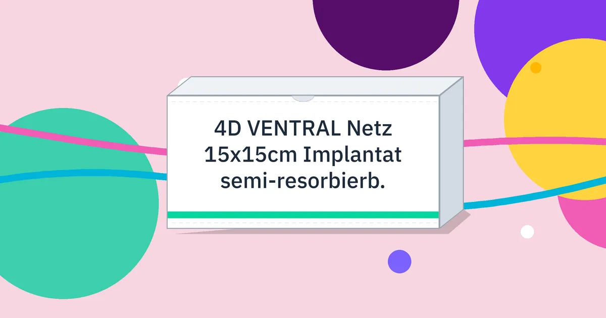 Symbolbild: Packung mit der Aufschrift 4D VENTRAL Netz 15x15cm Implantat semi-resorbierb. (PZN 19504571) – Verfügbarkeit und Bezug in Apotheken in Frankfurt am Main