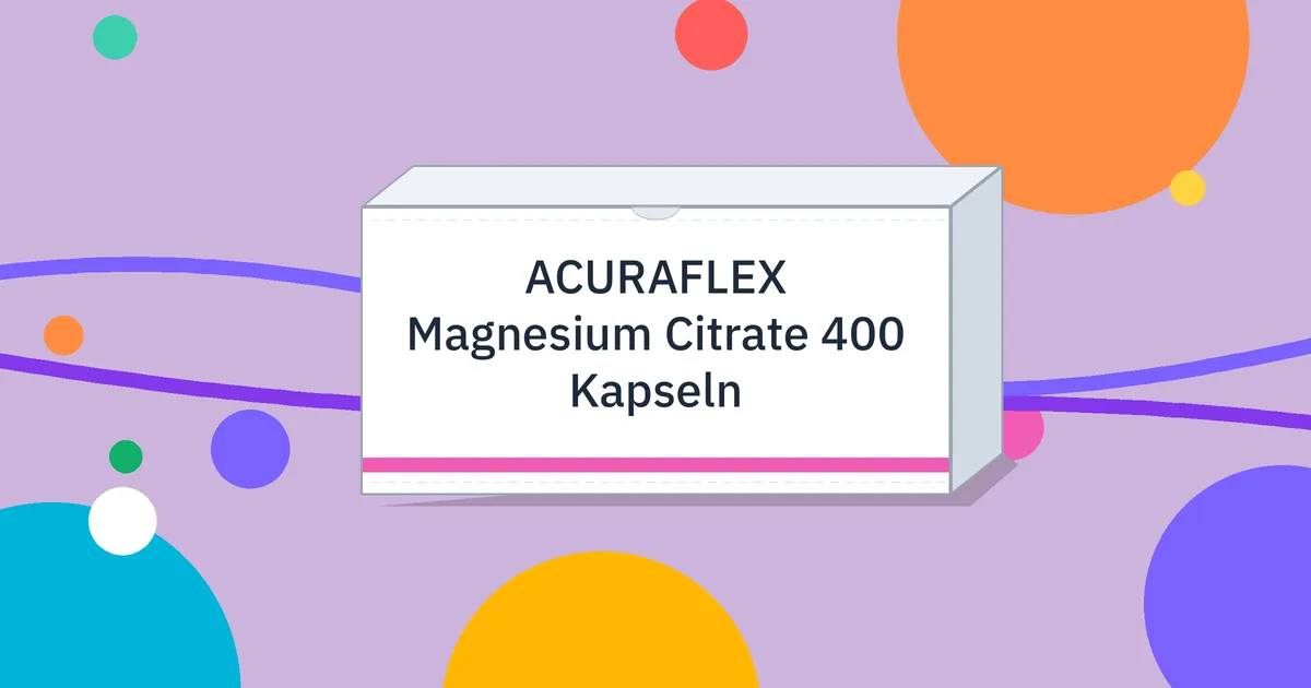 Symbolbild: Packung mit der Aufschrift ACURAFLEX Magnesium Citrate 400 Kapseln (PZN 19776677) – Verfügbarkeit und Bezug in Apotheken in Frankfurt am Main