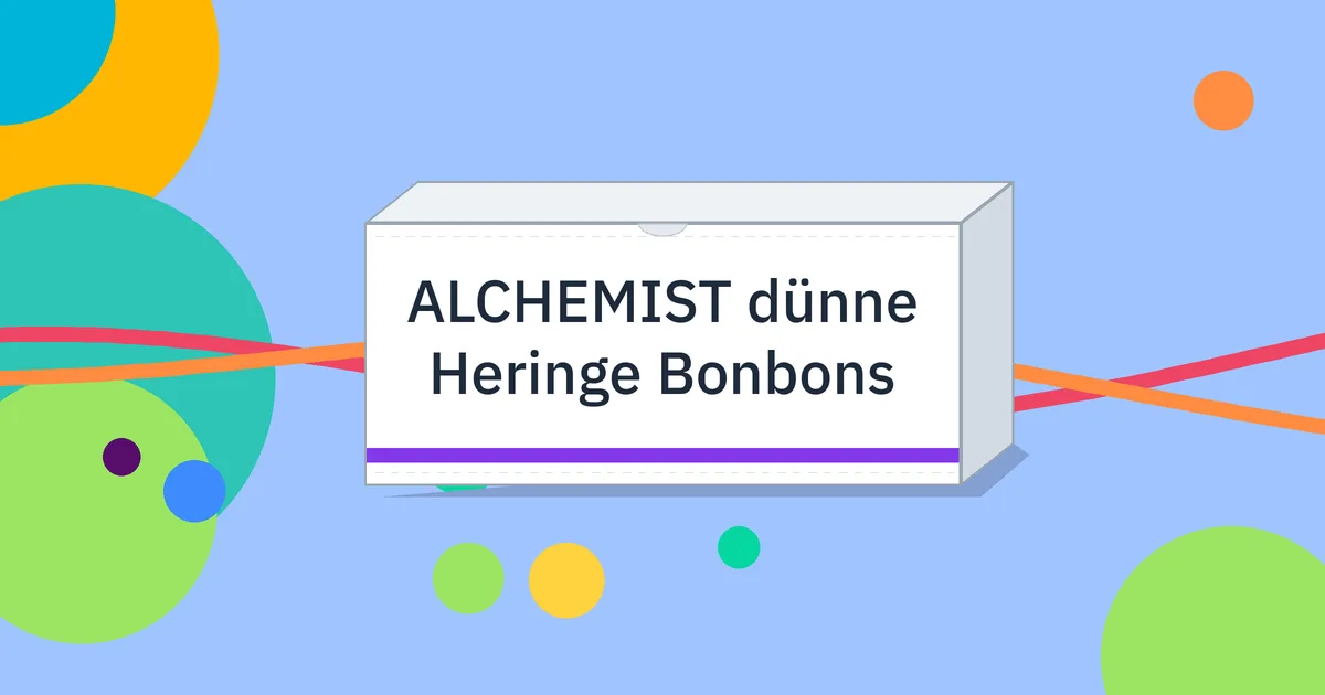 Symbolbild: Packung mit der Aufschrift ALCHEMIST dünne Heringe Bonbons (PZN 11531137) – Verfügbarkeit und Bezug in Apotheken in Frankfurt am Main