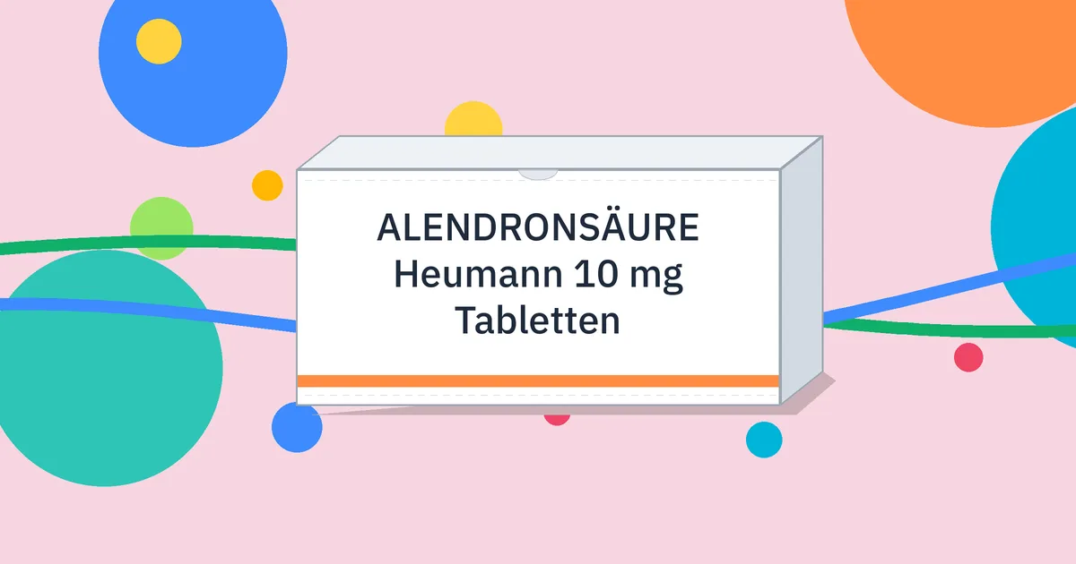 Symbolbild: Packung mit der Aufschrift ALENDRONSÄURE Heumann 10 mg Tabletten (PZN 19635451) – Verfügbarkeit und Bezug in Apotheken in Frankfurt am Main