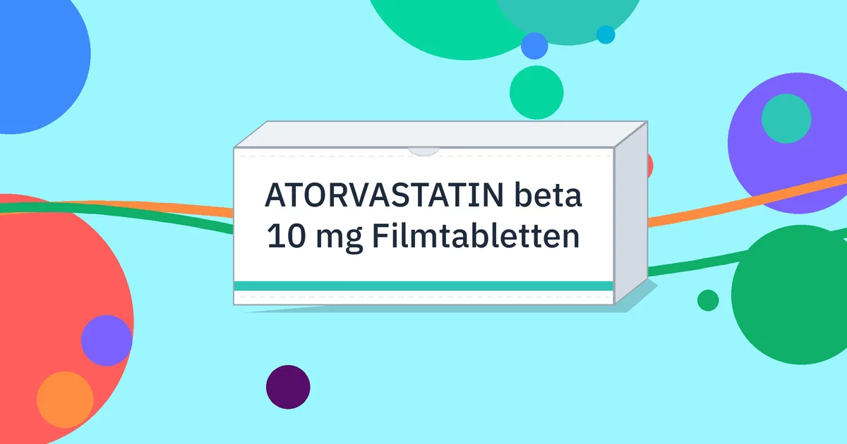 Symbolbild: Packung mit der Aufschrift ATORVASTATIN beta 10 mg Filmtabletten (PZN 17453823) – Verfügbarkeit und Bezug in Apotheken in Frankfurt am Main
