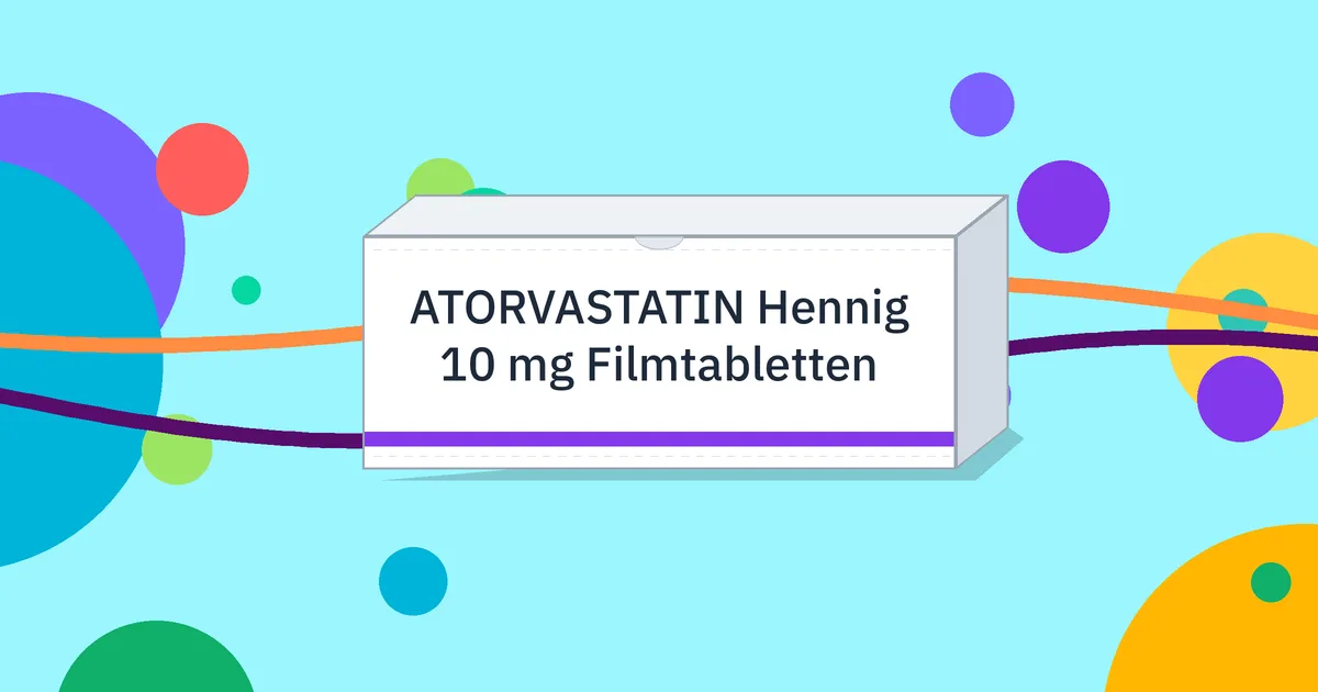 Symbolbild: Packung mit der Aufschrift ATORVASTATIN Hennig 10 mg Filmtabletten (PZN 09533229) – Verfügbarkeit und Bezug in Apotheken in Frankfurt am Main