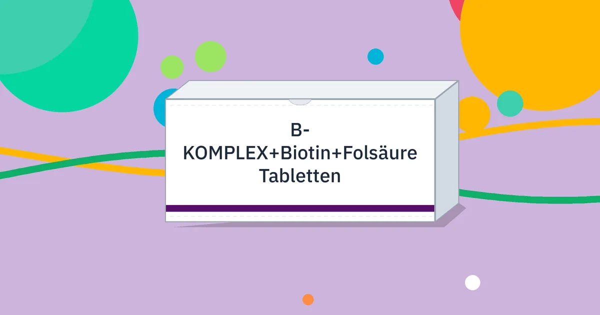 Symbolbild: Packung mit der Aufschrift B-KOMPLEX+Biotin+Folsäure Tabletten (PZN 03088082) – Verfügbarkeit und Bezug in Apotheken in Frankfurt am Main