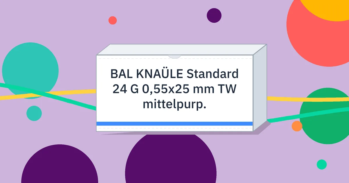 Symbolbild: Packung mit der Aufschrift BAL KNAÜLE Standard 24 G 0,55x25 mm TW mittelpurp. (PZN 19124242) – Verfügbarkeit und Bezug in Apotheken in Frankfurt am Main