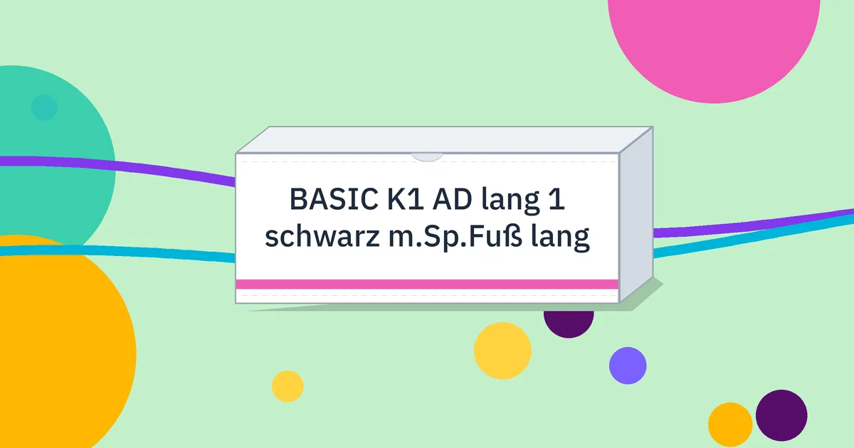 Symbolbild: Packung mit der Aufschrift BASIC K1 AD lang 1 schwarz m.Sp.Fuß lang (PZN 20256842) – Verfügbarkeit und Bezug in Apotheken in Frankfurt am Main