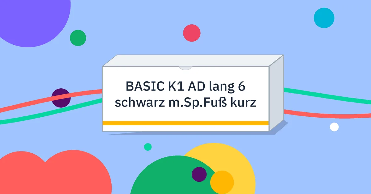 Symbolbild: Packung mit der Aufschrift BASIC K1 AD lang 6 schwarz m.Sp.Fuß kurz (PZN 20259065) – Verfügbarkeit und Bezug in Apotheken in Frankfurt am Main