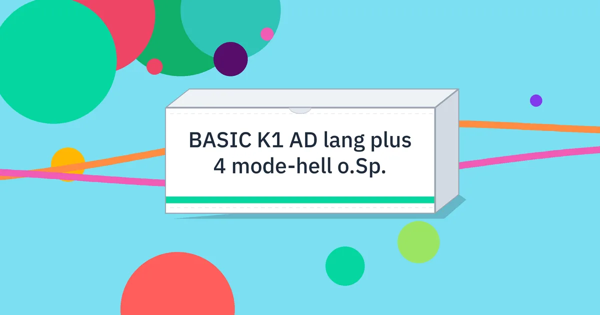 Symbolbild: Packung mit der Aufschrift BASIC K1 AD lang plus 4 mode-hell o.Sp. (PZN 20258373) – Verfügbarkeit und Bezug in Apotheken in Frankfurt am Main