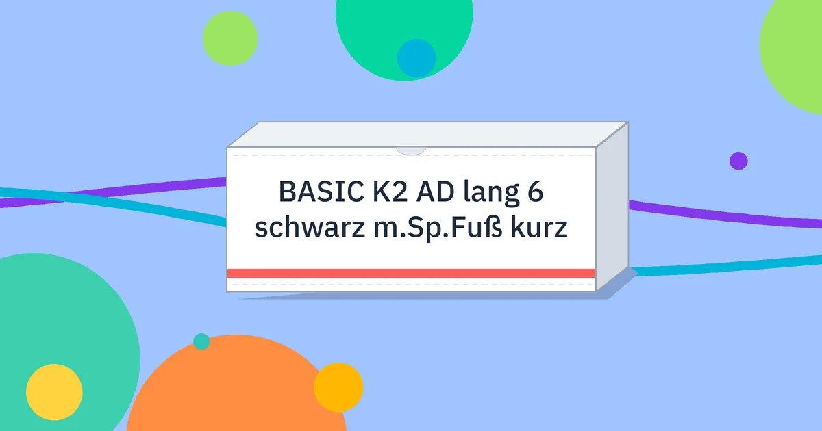 Symbolbild: Packung mit der Aufschrift BASIC K2 AD lang 6 schwarz m.Sp.Fuß kurz (PZN 20265597) – Verfügbarkeit und Bezug in Apotheken in Frankfurt am Main