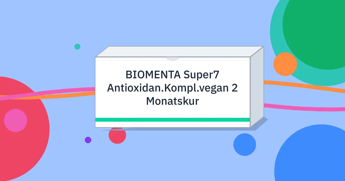 Symbolbild: Packung mit der Aufschrift BIOMENTA Super7 Antioxidan.Kompl.vegan 2 Monatskur (PZN 13887861) – Verfügbarkeit und Bezug in Apotheken in Frankfurt am Main
