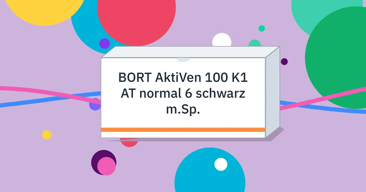 Symbolbild: Packung mit der Aufschrift BORT AktiVen 100 K1 AT normal 6 schwarz m.Sp. (PZN 14389102) – Verfügbarkeit und Bezug in Apotheken in Frankfurt am Main