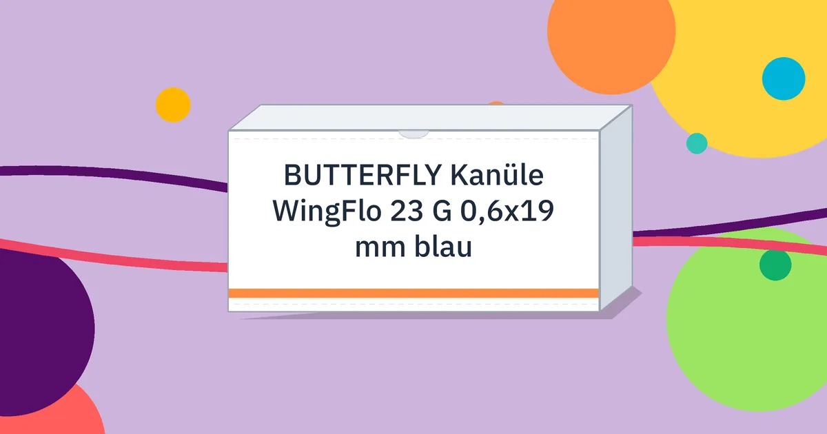 Symbolbild: Packung mit der Aufschrift BUTTERFLY Kanüle WingFlo 23 G 0,6x19 mm blau (PZN 18054999) – Verfügbarkeit und Bezug in Apotheken in Frankfurt am Main