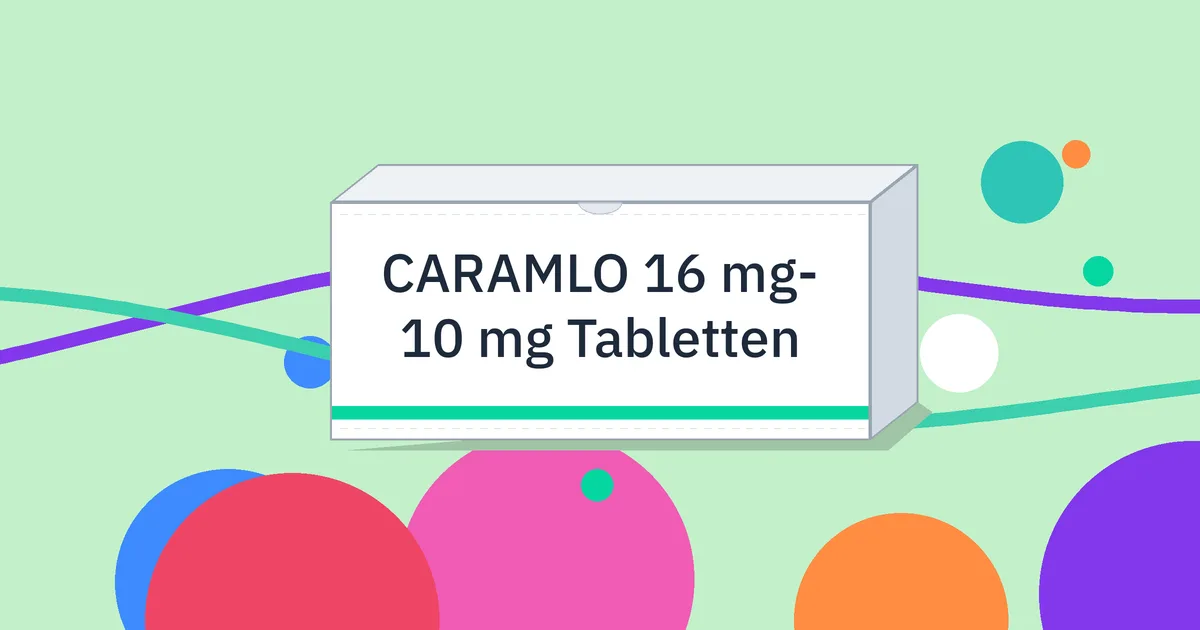 Symbolbild: Packung mit der Aufschrift CARAMLO 16 mg-10 mg Tabletten (PZN 16037732) – Verfügbarkeit und Bezug in Apotheken in Frankfurt am Main