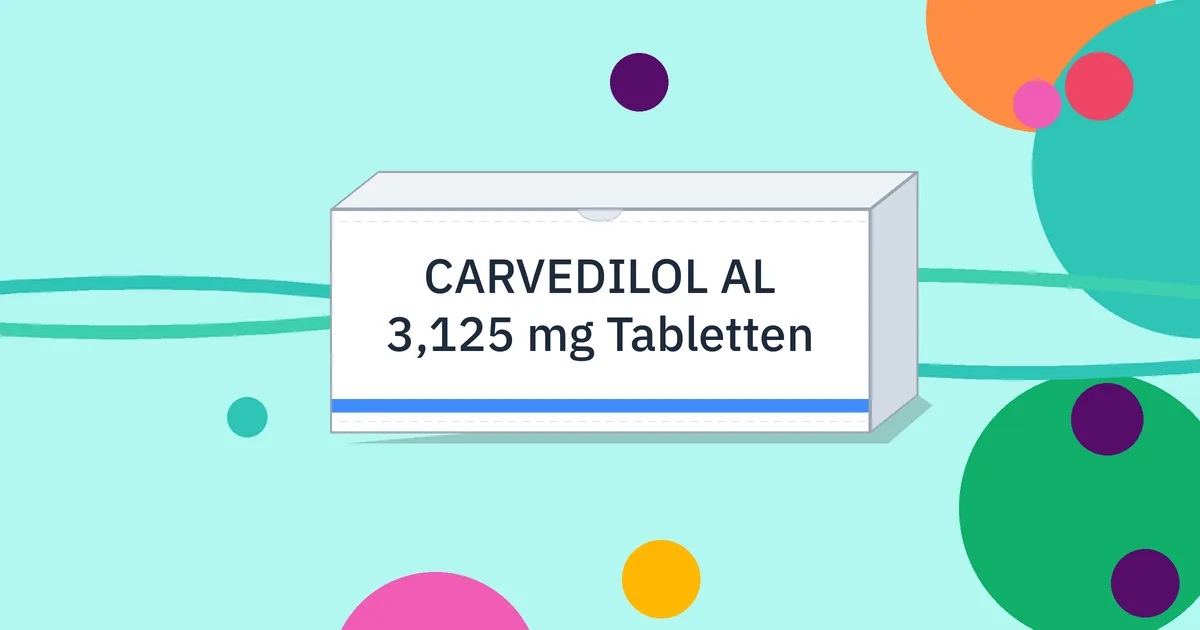 Symbolbild: Packung mit der Aufschrift CARVEDILOL AL 3,125 mg Tabletten (PZN 07601843) – Verfügbarkeit und Bezug in Apotheken in Frankfurt am Main