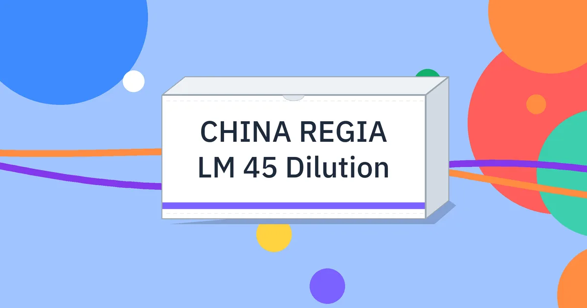 Symbolbild: Packung mit der Aufschrift CHINA REGIA LM 45 Dilution (PZN 12814506) – Verfügbarkeit und Bezug in Apotheken in Frankfurt am Main