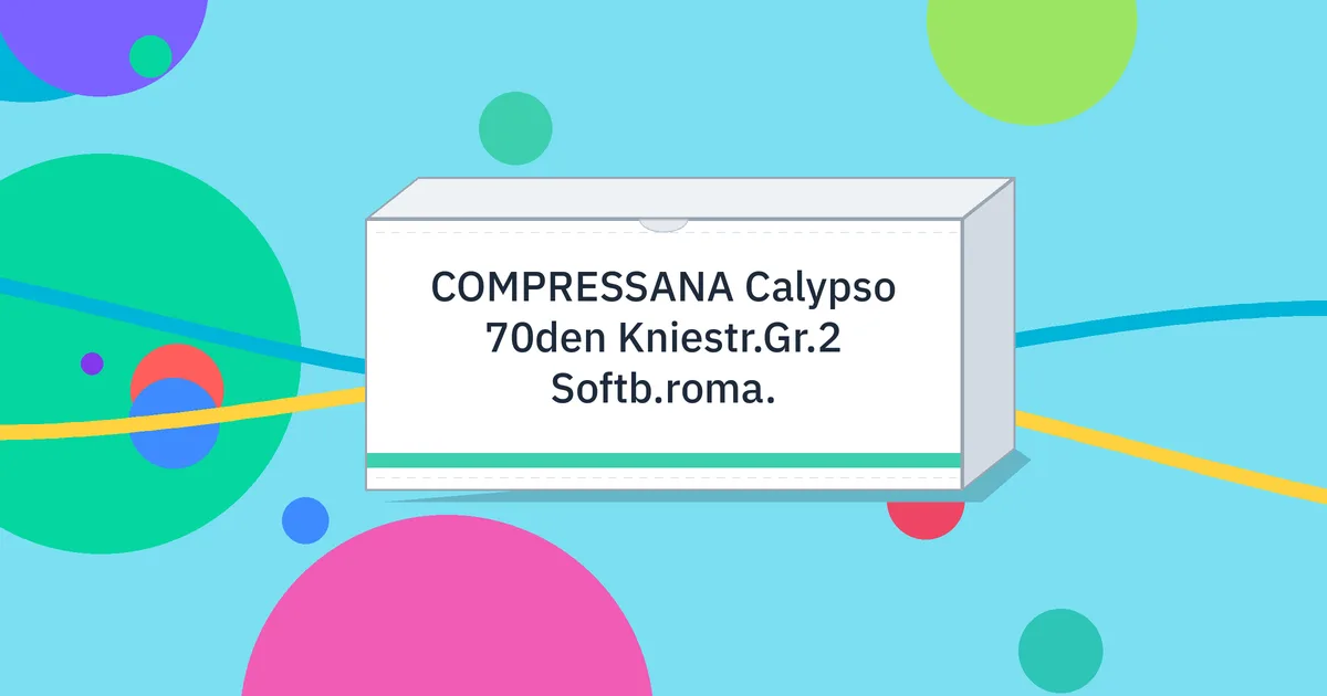 Symbolbild: Packung mit der Aufschrift COMPRESSANA Calypso 70den Kniestr.Gr.2 Softb.roma. (PZN 07719504) – Verfügbarkeit und Bezug in Apotheken in Frankfurt am Main