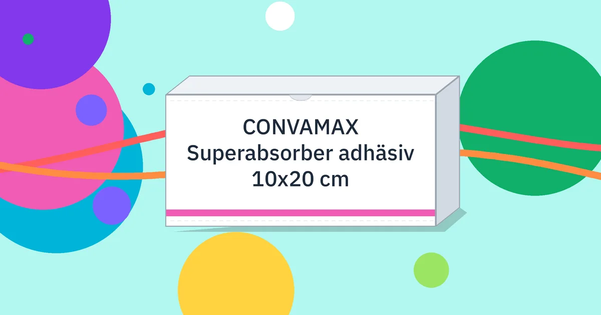 Symbolbild: Packung mit der Aufschrift CONVAMAX Superabsorber adhäsiv 10x20 cm (PZN 17376850) – Verfügbarkeit und Bezug in Apotheken in Frankfurt am Main