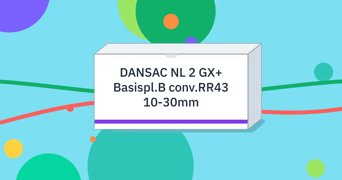 Symbolbild: Packung mit der Aufschrift DANSAC NL 2 GX+ Basispl.B conv.RR43 10-30mm (PZN 10920492) – Verfügbarkeit und Bezug in Apotheken in Frankfurt am Main