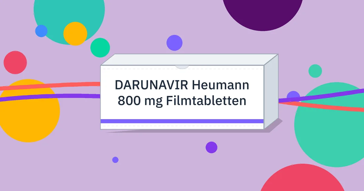 Symbolbild: Packung mit der Aufschrift DARUNAVIR Heumann 800 mg Filmtabletten (PZN 14131711) – Verfügbarkeit und Bezug in Apotheken in Frankfurt am Main