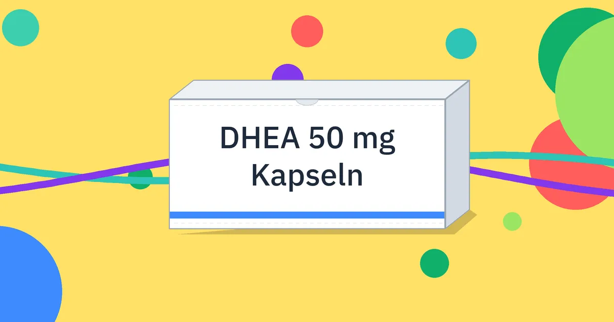 Symbolbild: Packung mit der Aufschrift DHEA 50 mg Kapseln (PZN 18718235) – Verfügbarkeit und Bezug in Apotheken in Frankfurt am Main