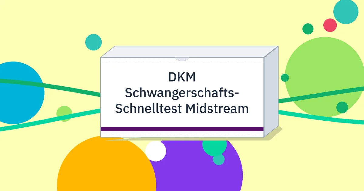 Symbolbild: Packung mit der Aufschrift DKM Schwangerschafts-Schnelltest Midstream (PZN 20388710) – Verfügbarkeit und Bezug in Apotheken in Frankfurt am Main