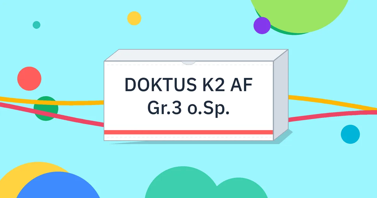Symbolbild: Packung mit der Aufschrift DOKTUS K2 AF Gr.3 o.Sp. (PZN 03309034) – Verfügbarkeit und Bezug in Apotheken in Frankfurt am Main