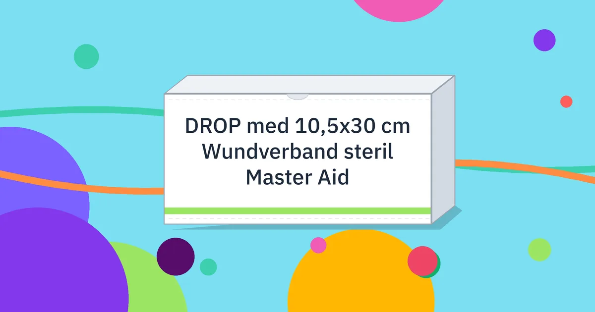 Symbolbild: Packung mit der Aufschrift DROP med 10,5x30 cm Wundverband steril Master Aid (PZN 01713104) – Verfügbarkeit und Bezug in Apotheken in Frankfurt am Main