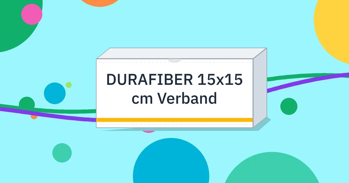 Symbolbild: Packung mit der Aufschrift DURAFIBER 15x15 cm Verband (PZN 00978071) – Verfügbarkeit und Bezug in Apotheken in Frankfurt am Main