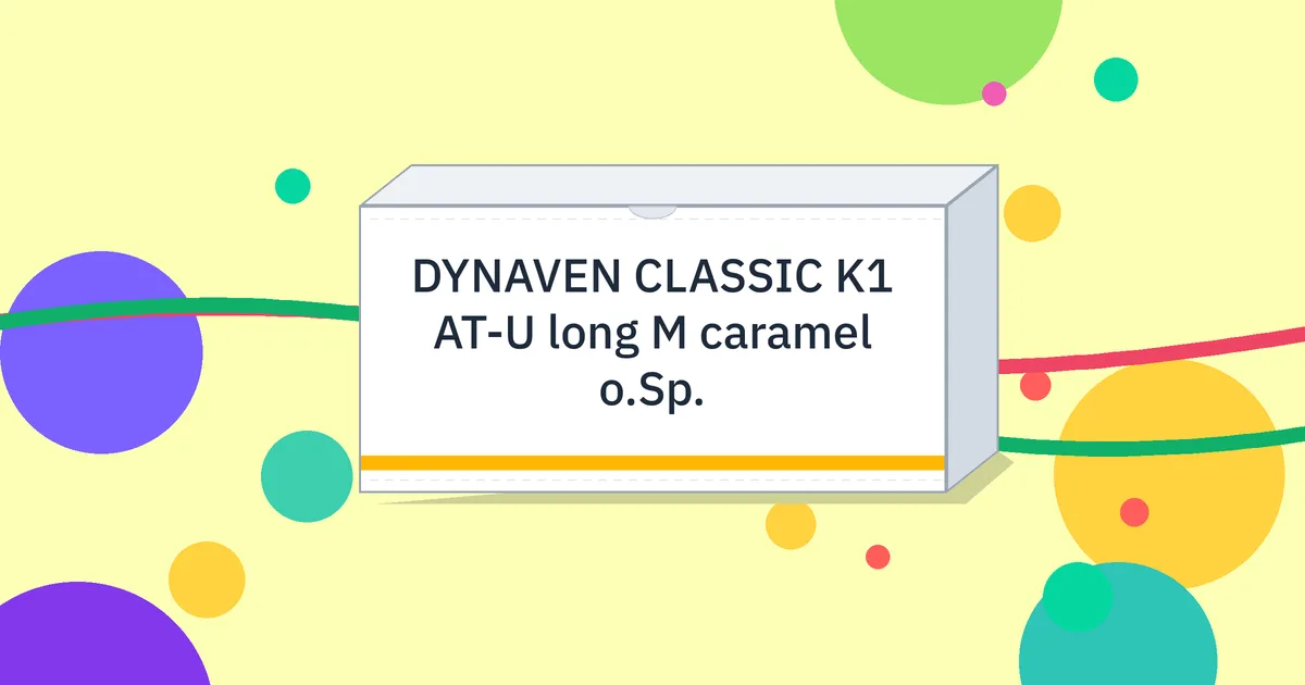 Symbolbild: Packung mit der Aufschrift DYNAVEN CLASSIC K1 AT-U long M caramel o.Sp. (PZN 18416681) – Verfügbarkeit und Bezug in Apotheken in Frankfurt am Main