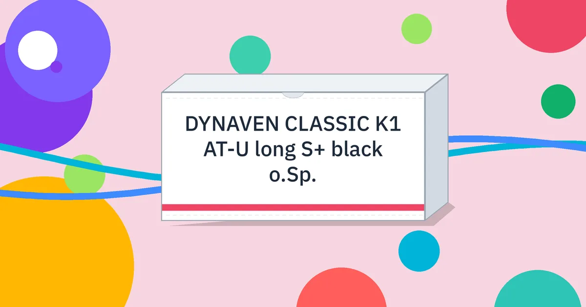 Symbolbild: Packung mit der Aufschrift DYNAVEN CLASSIC K1 AT-U long S+ black o.Sp. (PZN 18416592) – Verfügbarkeit und Bezug in Apotheken in Frankfurt am Main