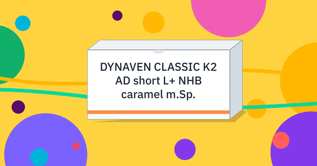 Symbolbild: Packung mit der Aufschrift DYNAVEN CLASSIC K2 AD short L+ NHB caramel m.Sp. (PZN 18418214) – Verfügbarkeit und Bezug in Apotheken in Frankfurt am Main