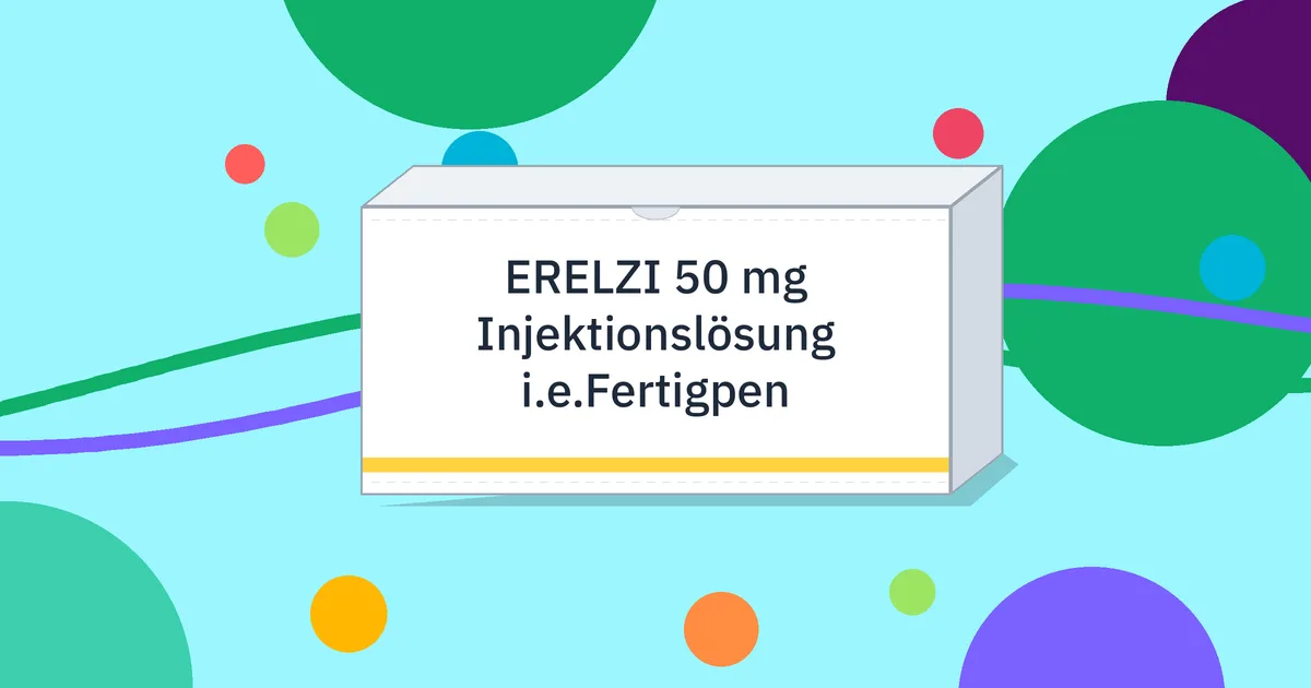 Symbolbild: Packung mit der Aufschrift ERELZI 50 mg Injektionslösung i.e.Fertigpen (PZN 17166934) – Verfügbarkeit und Bezug in Apotheken in Frankfurt am Main