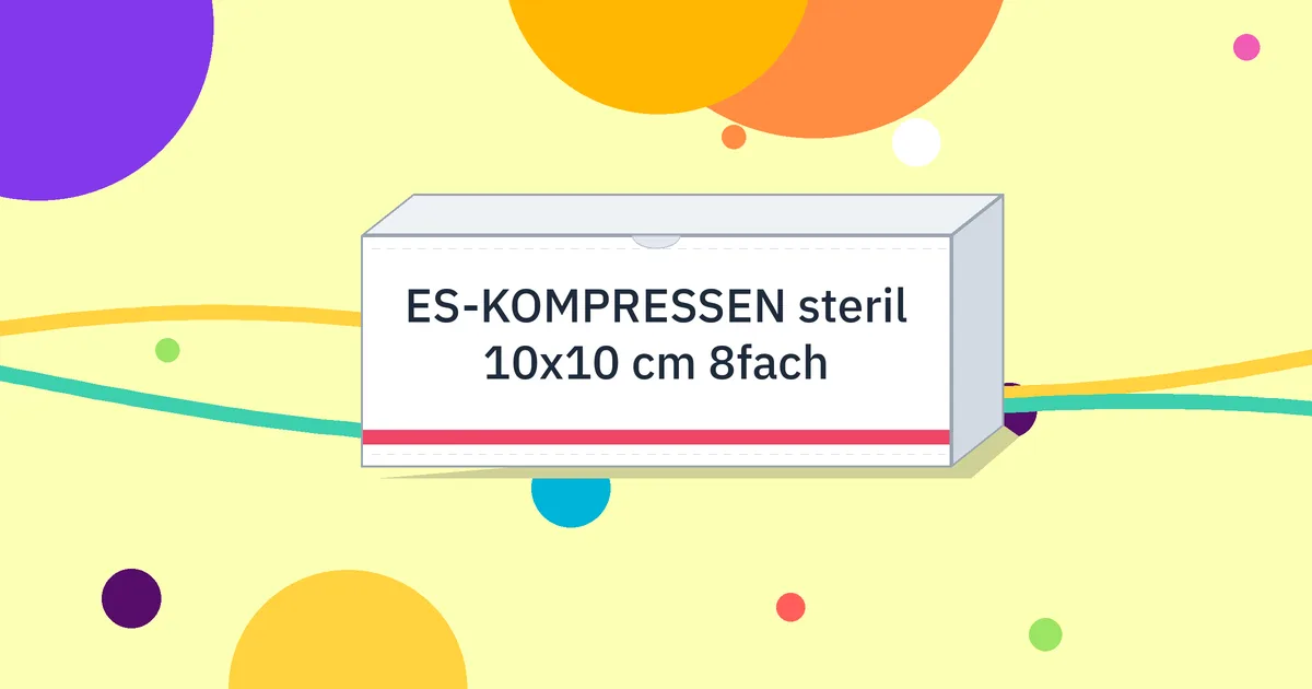 Symbolbild: Packung mit der Aufschrift ES-KOMPRESSEN steril 10x10 cm 8fach (PZN 00434141) – Verfügbarkeit und Bezug in Apotheken in Frankfurt am Main