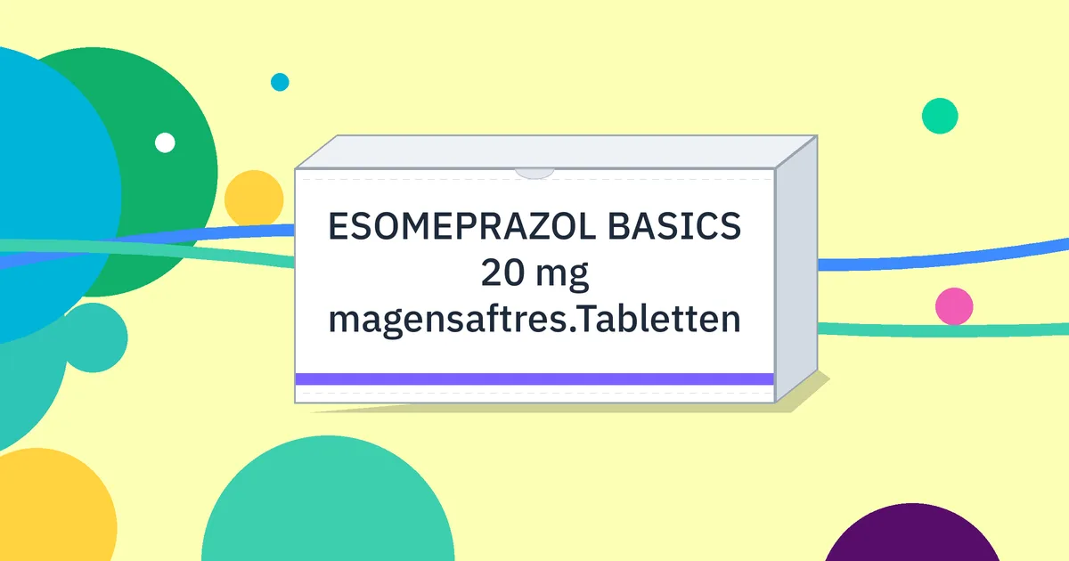 Symbolbild: Packung mit der Aufschrift ESOMEPRAZOL BASICS 20 mg magensaftres.Tabletten (PZN 08845205) – Verfügbarkeit und Bezug in Apotheken in Frankfurt am Main