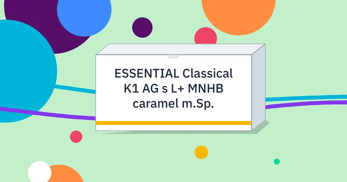 Symbolbild: Packung mit der Aufschrift ESSENTIAL Classical K1 AG s L+ MNHB caramel m.Sp. (PZN 19321557) – Verfügbarkeit und Bezug in Apotheken in Frankfurt am Main