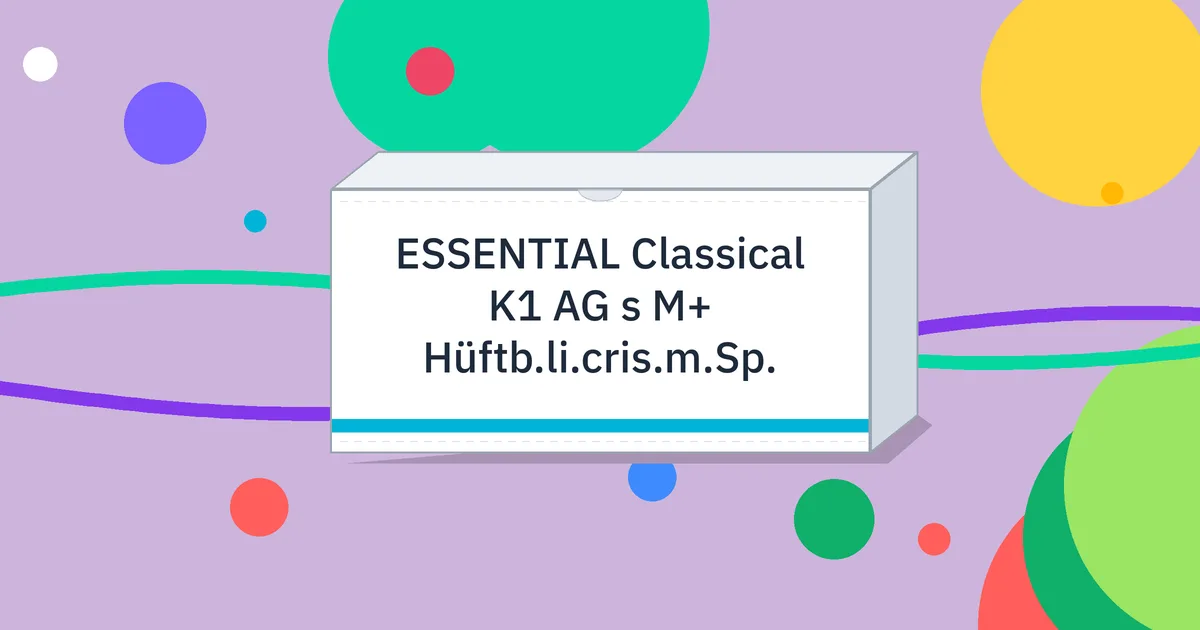 Symbolbild: Packung mit der Aufschrift ESSENTIAL Classical K1 AG s M+ Hüftb.li.cris.m.Sp. (PZN 17012183) – Verfügbarkeit und Bezug in Apotheken in Frankfurt am Main