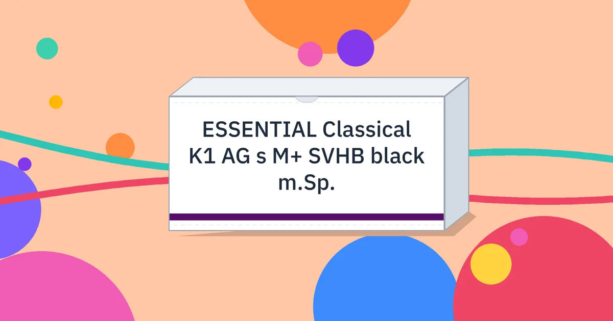 Symbolbild: Packung mit der Aufschrift ESSENTIAL Classical K1 AG s M+ SVHB black m.Sp. (PZN 18421162) – Verfügbarkeit und Bezug in Apotheken in Frankfurt am Main
