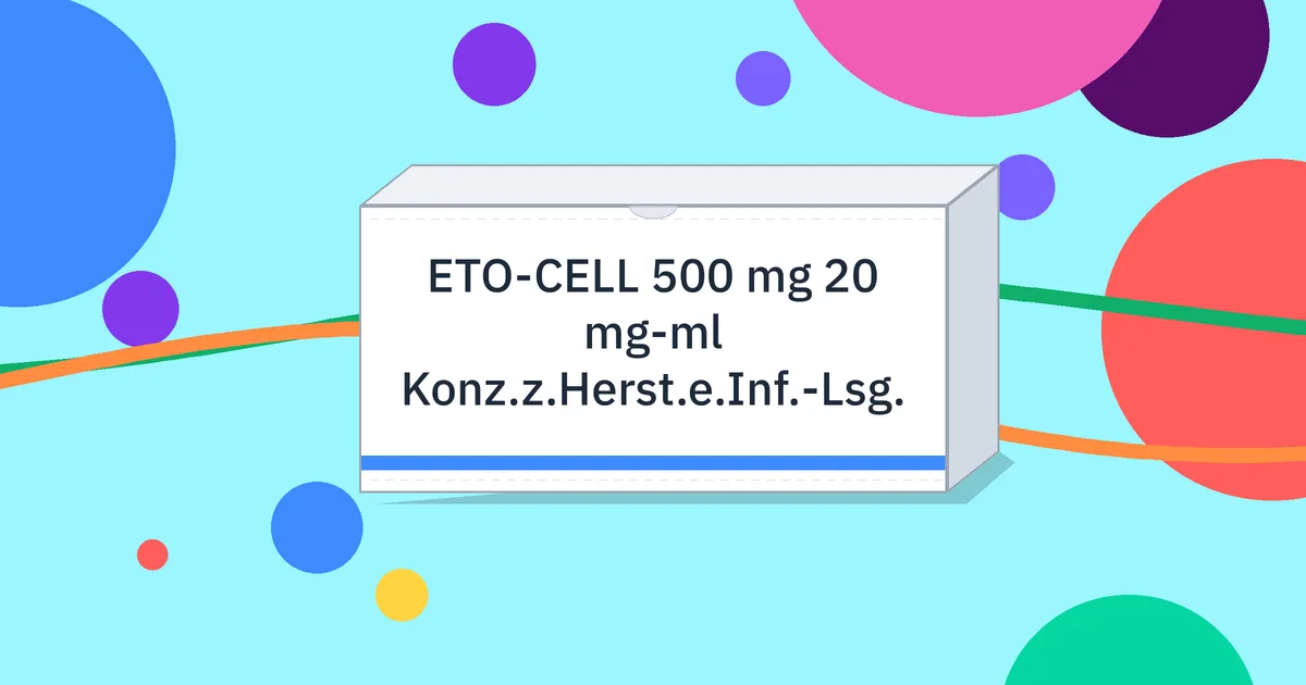 Symbolbild: Packung mit der Aufschrift ETO-CELL 500 mg 20 mg-ml Konz.z.Herst.e.Inf.-Lsg. (PZN 03078296) – Verfügbarkeit und Bezug in Apotheken in Frankfurt am Main
