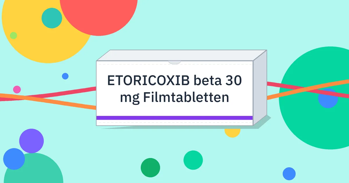 Symbolbild: Packung mit der Aufschrift ETORICOXIB beta 30 mg Filmtabletten (PZN 12444179) – Verfügbarkeit und Bezug in Apotheken in Frankfurt am Main