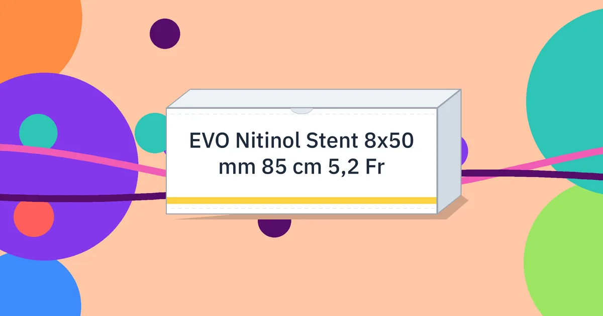 Symbolbild: Packung mit der Aufschrift EVO Nitinol Stent 8x50 mm 85 cm 5,2 Fr (PZN 00224188) – Verfügbarkeit und Bezug in Apotheken in Frankfurt am Main