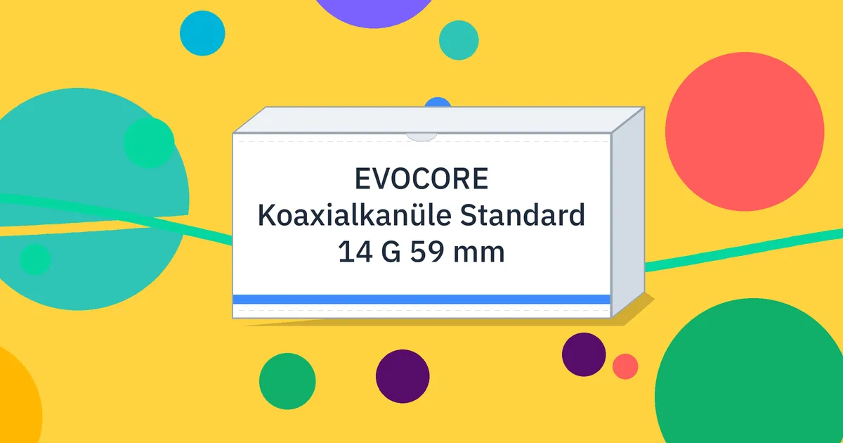 Symbolbild: Packung mit der Aufschrift EVOCORE Koaxialkanüle Standard 14 G 59 mm (PZN 11655603) – Verfügbarkeit und Bezug in Apotheken in Frankfurt am Main