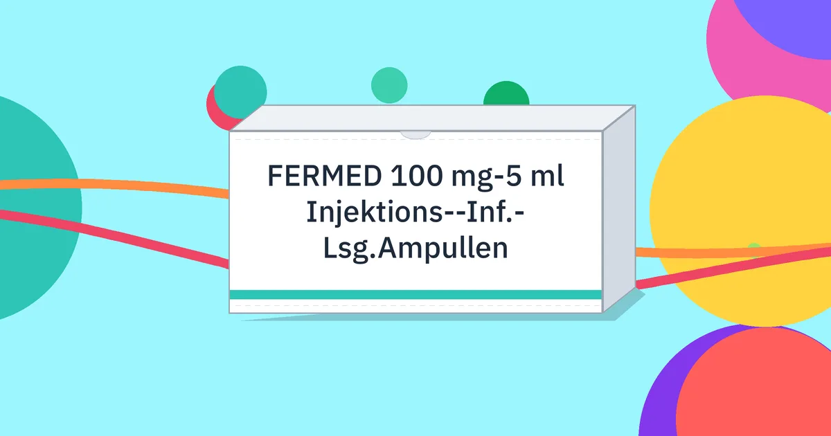 Symbolbild: Packung mit der Aufschrift FERMED 100 mg-5 ml Injektions--Inf.-Lsg.Ampullen (PZN 10187850) – Verfügbarkeit und Bezug in Apotheken in Frankfurt am Main