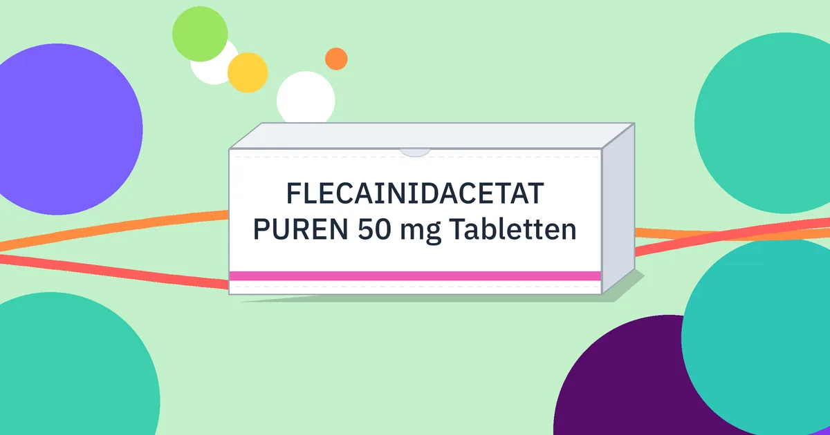 Symbolbild: Packung mit der Aufschrift FLECAINIDACETAT PUREN 50 mg Tabletten (PZN 13249965) – Verfügbarkeit und Bezug in Apotheken in Frankfurt am Main