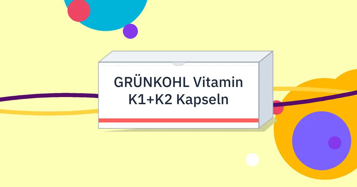 Symbolbild: Packung mit der Aufschrift GRÜNKOHL Vitamin K1+K2 Kapseln (PZN 13581642) – Verfügbarkeit und Bezug in Apotheken in Frankfurt am Main